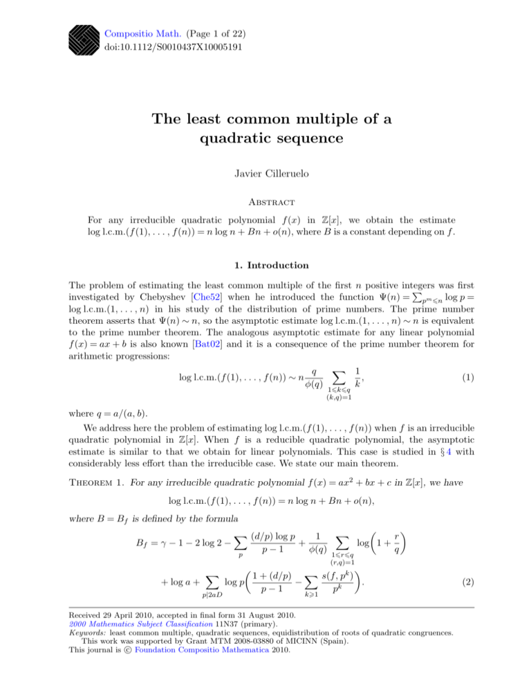 The Least Common Multiple Of A Quadratic Sequence Digital