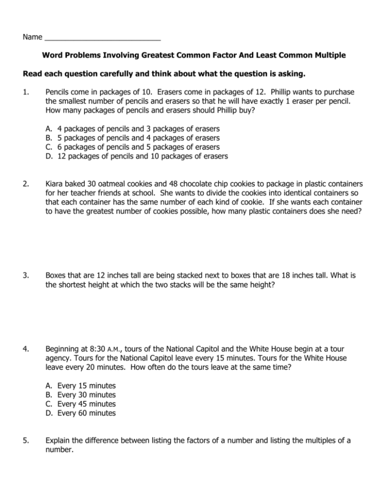 Word Problems Involving Greatest Common Factor And Least