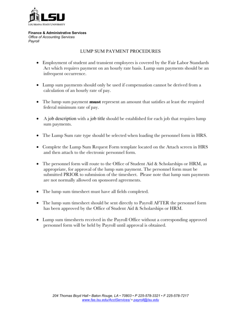 LUMP SUM PAYMENT PROCEDURES Employment Of Student LUMP SUM PAYMENT PROCEDURES Employment Of Student