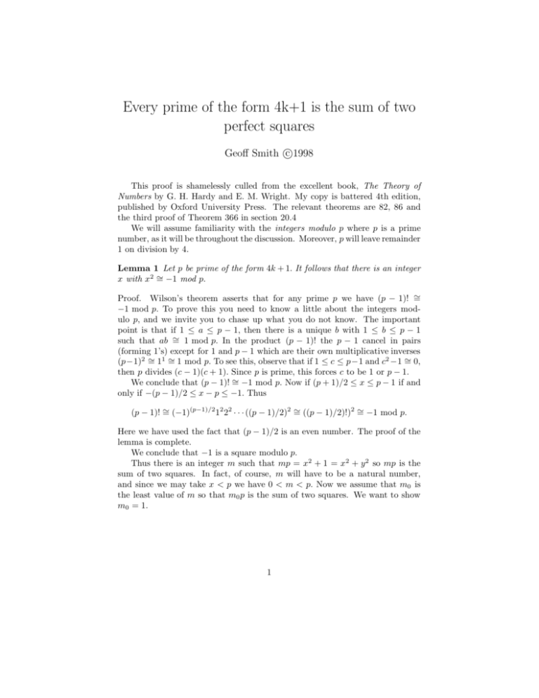 Every Prime Of The Form 4k 1 Is The Sum Of Two Perfect Squares
