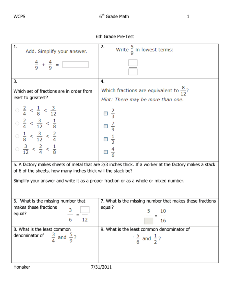 6th Grade Math Pretest