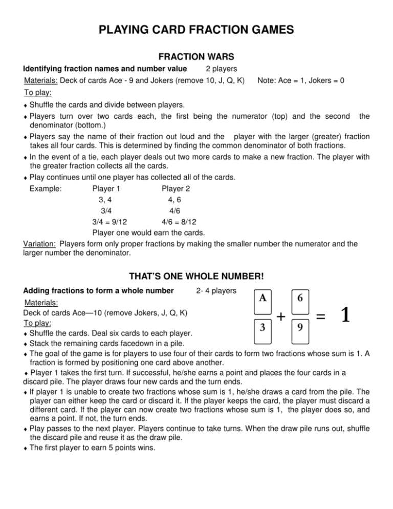PLAYING CARD FRACTION GAMES A 3 6 9 PLAYING CARD FRACTION GAMES A 3 6 9