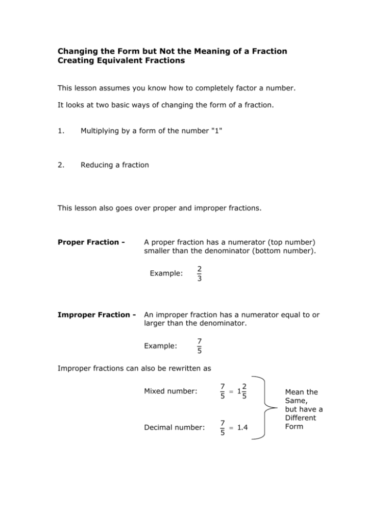 Changing The Form But Not The Meaning Of A Fraction Creating