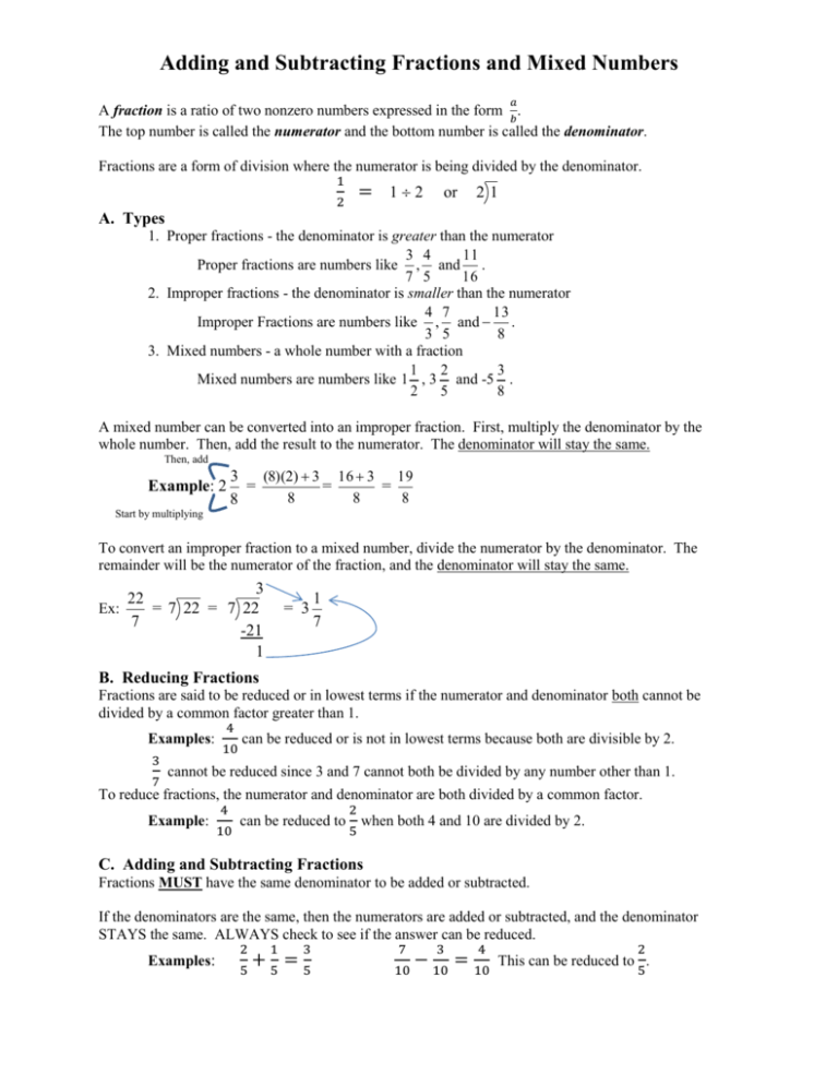 Adding And Subtracting Fractions And Mixed Numbers
