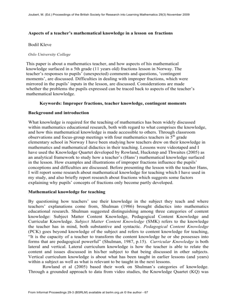 Aspects Of A Teacher s Mathematical Knowledge In A Lesson On