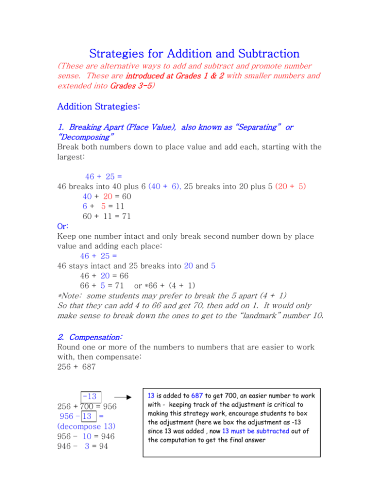 Strategies For Addition And Subtraction