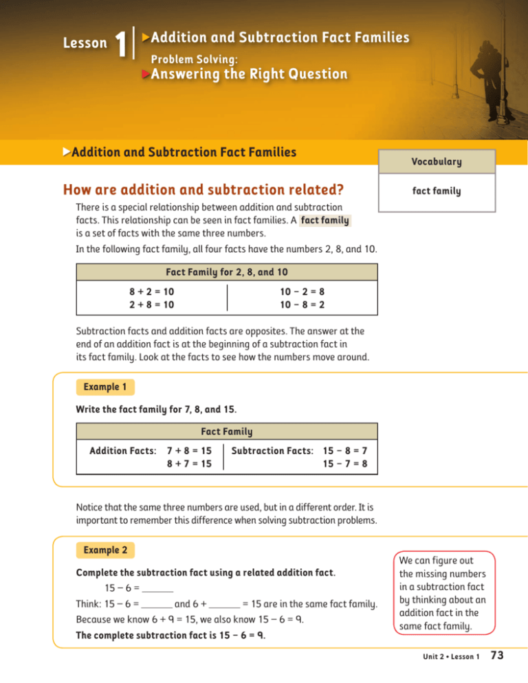Addition And Subtraction Fact Families