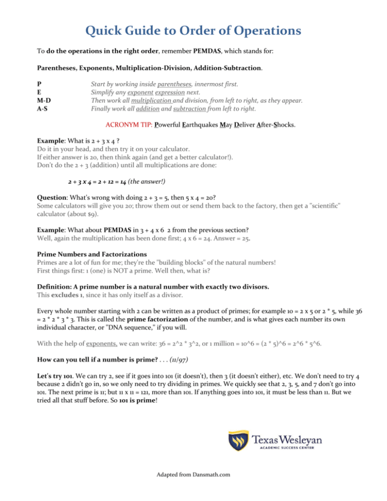 Quick Guide To Order Of Operations