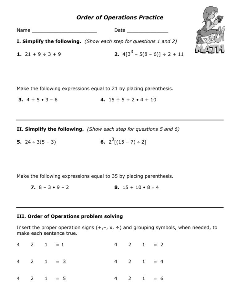 Order Of Operations Practice Order Of Operations Practice