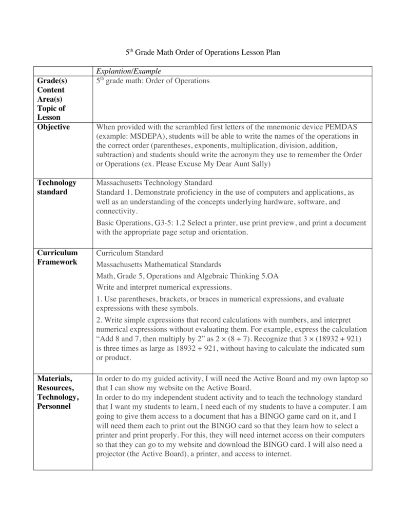 5th Grade Math Order Of Operations Lesson Plan Explantion