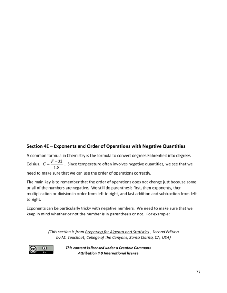 Section 4E Exponents And Order Of Operations With Negative