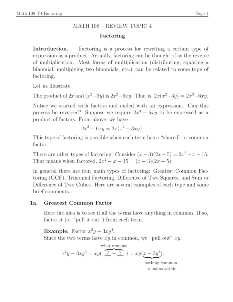 MATH 108 REVIEW TOPIC 4 Factoring Introduction Factoring Is A