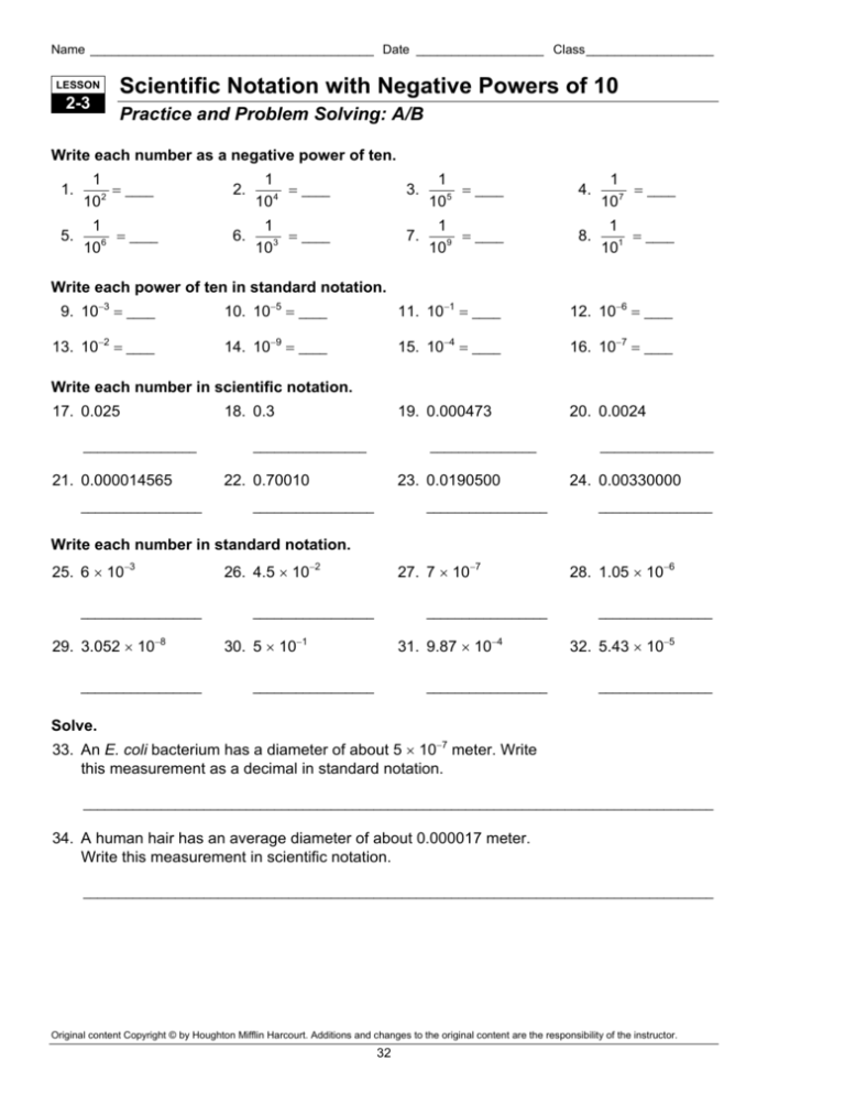Scientific Notation With Negative Powers Of 10