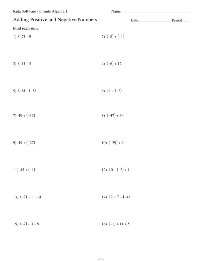 Adding Positive And Negative Numbers