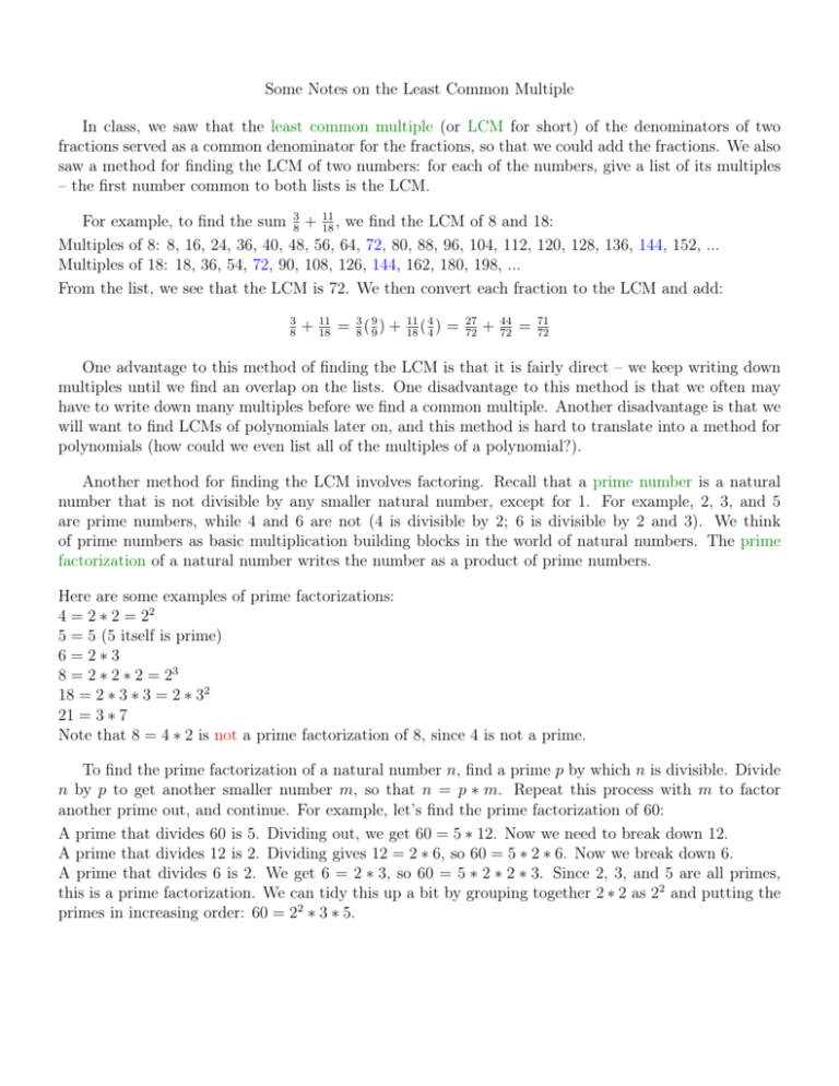 Some Notes On The Least Common Multiple In Class We Saw That The