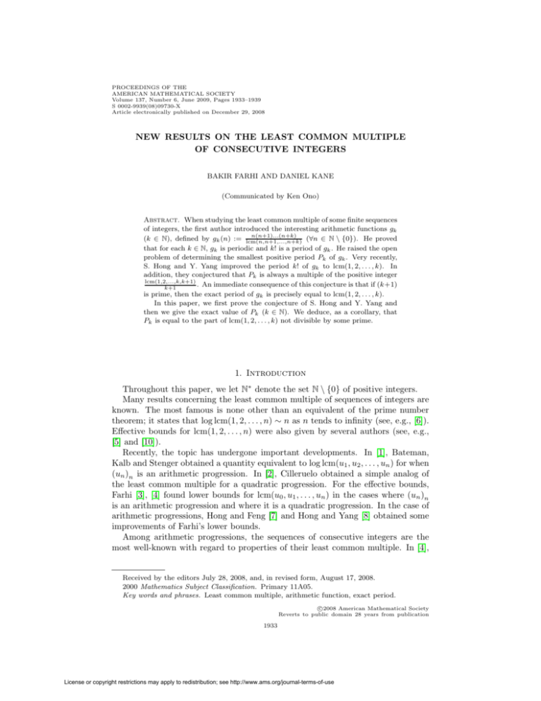 NEW RESULTS ON THE LEAST COMMON MULTIPLE OF
