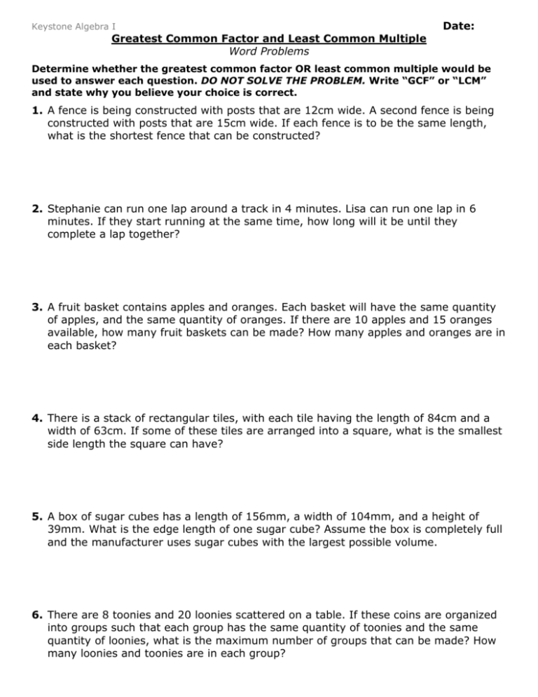 Greatest Common Factor And Least Common Multiple Word Problems