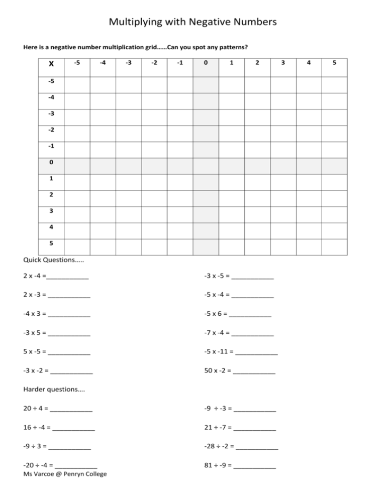 Multiplying With Negative Numbers