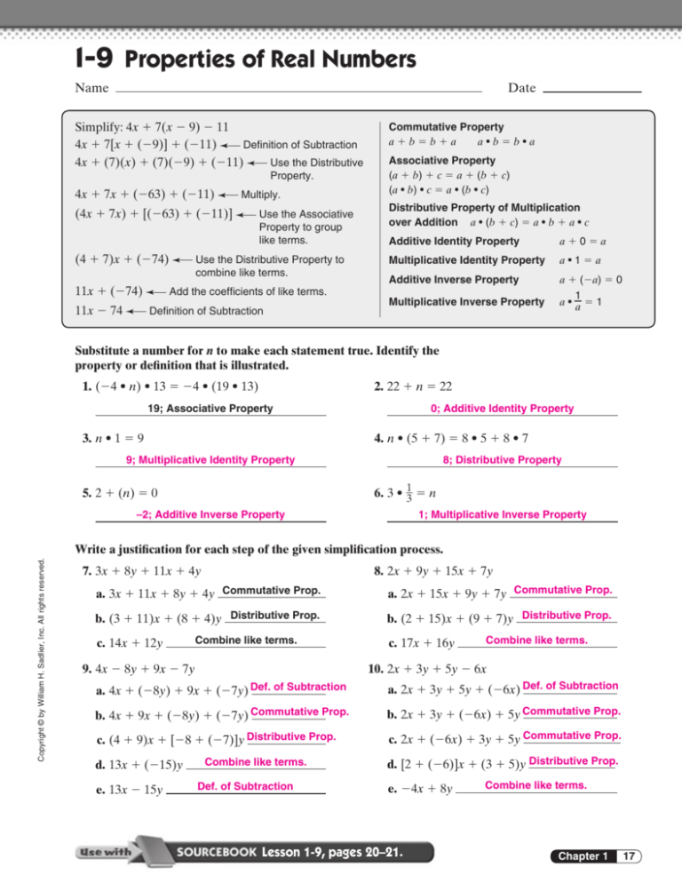 1 9 Properties Of Real Numbers