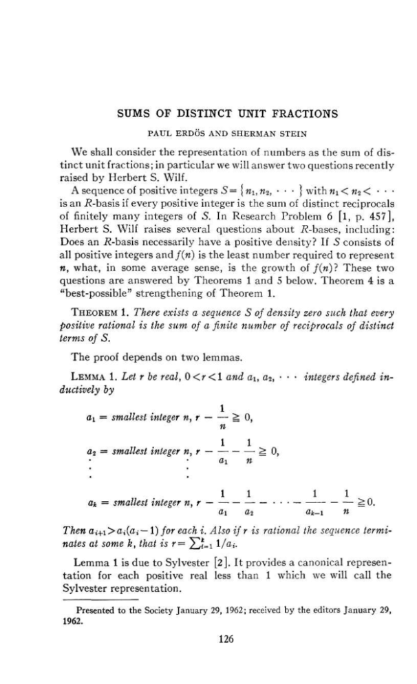 SUMS OF DISTINCT UNIT FRACTIONS PAUL ERD S AND