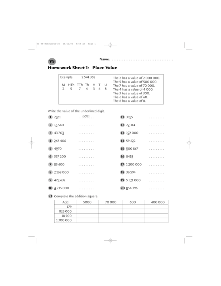 Homework Sheet 1 Place Value Y5 Y5