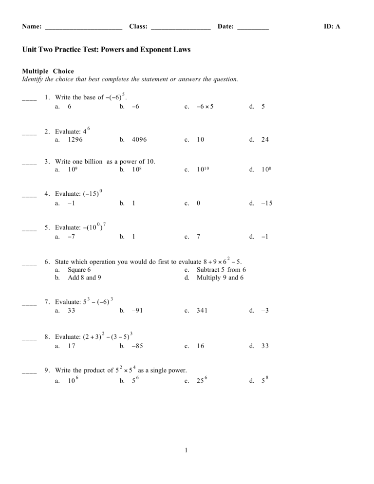 Unit Two Practice Test Powers And Exponent Laws Unit Two Practice Test Powers And Exponent Laws