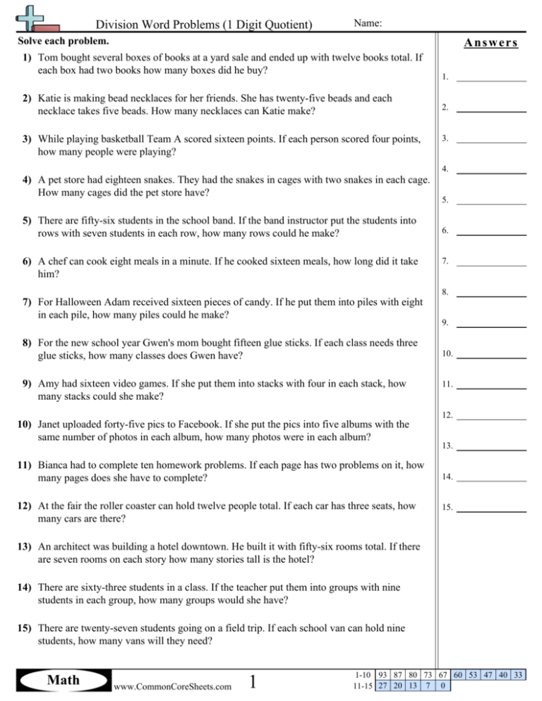 Division Word Problems 1 Digit Quotient 