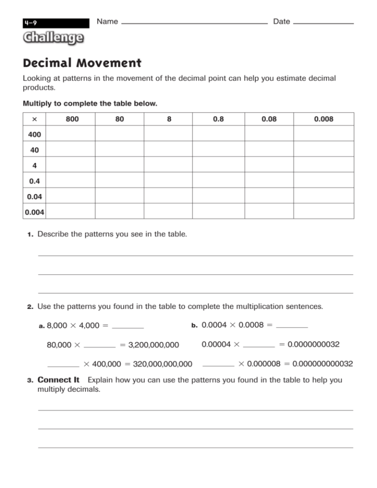 Unit 4 9 Decimal Movement