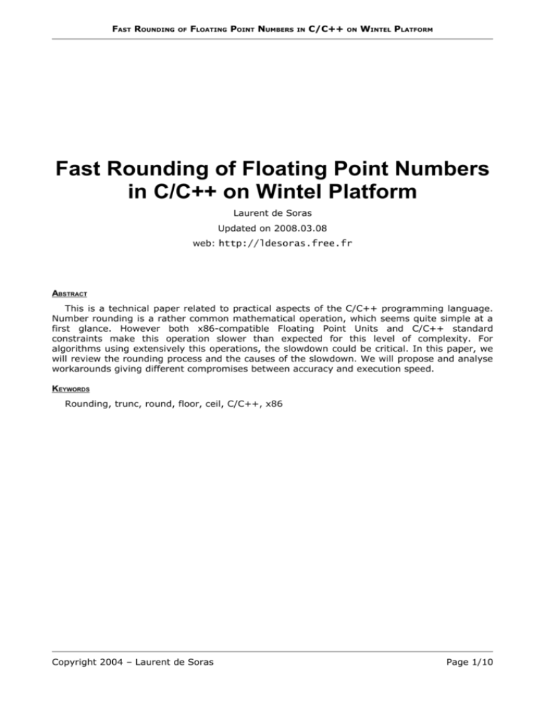 Fast Rounding Of Floating Point Numbers In C C On Wintel Platform