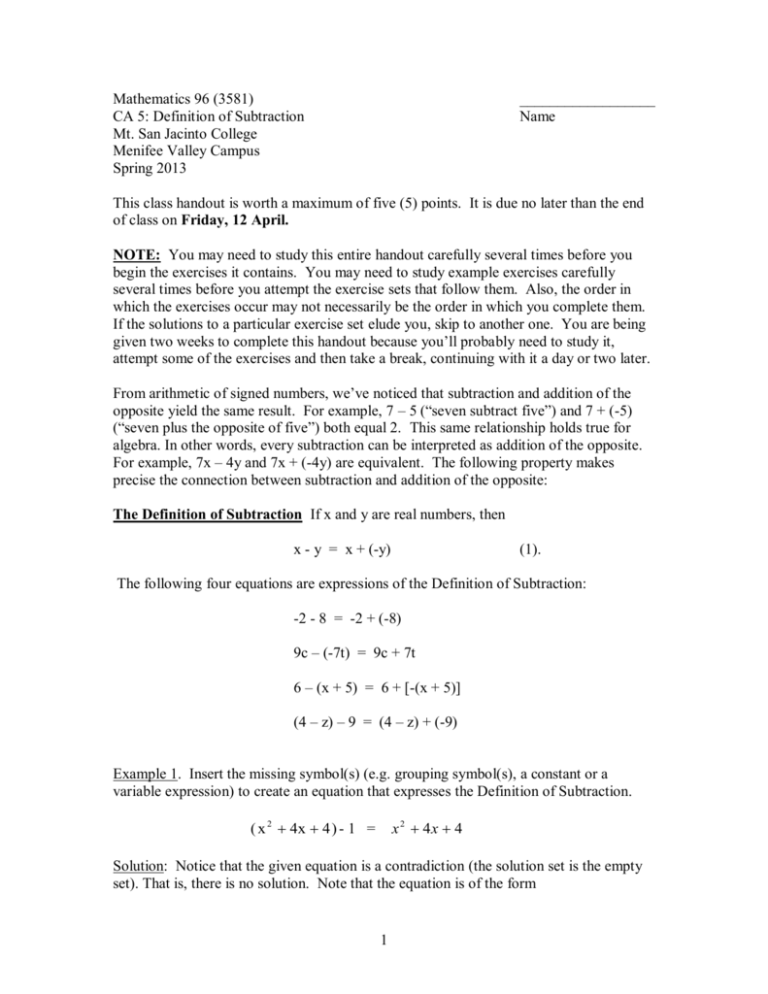 Definition Of Subtraction