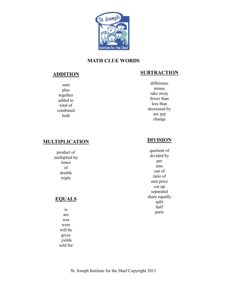 Math Clue Words Addition Multiplication Equals Subtraction Division