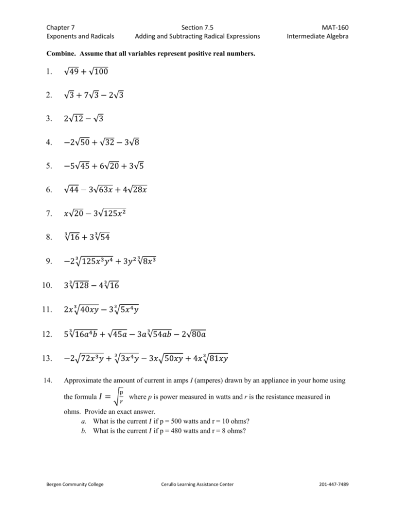 Adding And Subtracting Radical Expressions