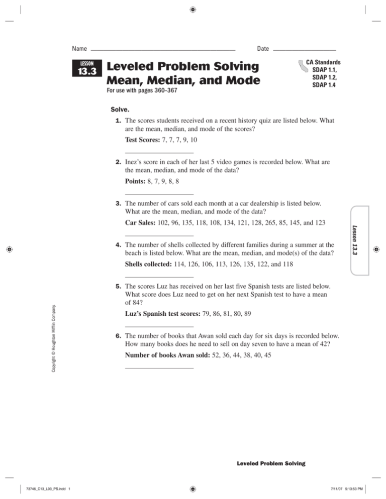Leveled Problem Solving Mean Median And Mode