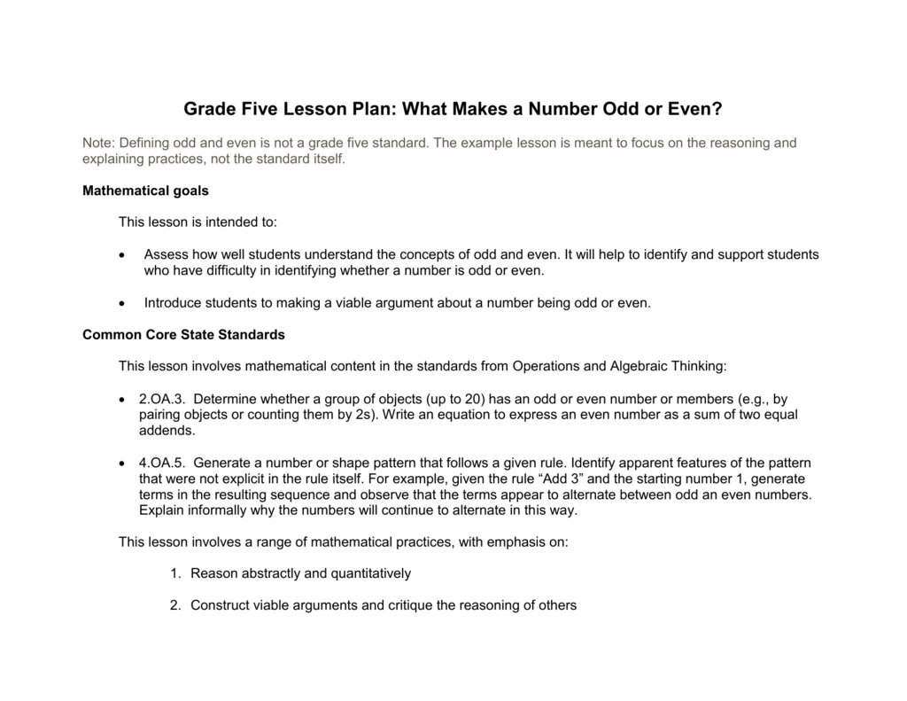 Grade Five Lesson Plan What Makes A Number Odd Or Even Grade Five Lesson Plan What Makes A Number Odd Or Even