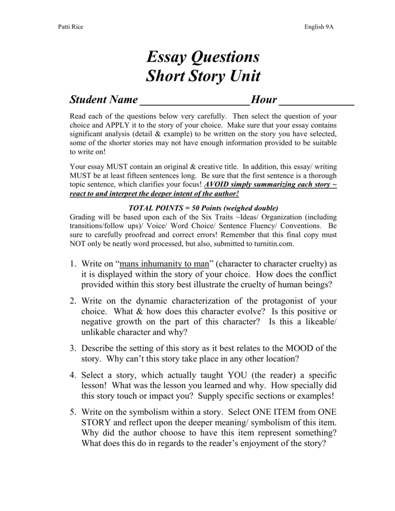 Essay ions For Short Story Unit doc
