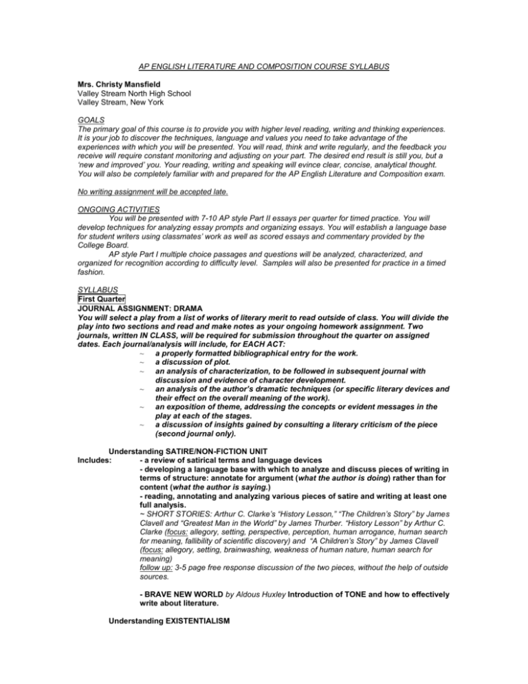 Ap English Literature And Composition Course Syllabus Ap English Literature And Composition Course Syllabus