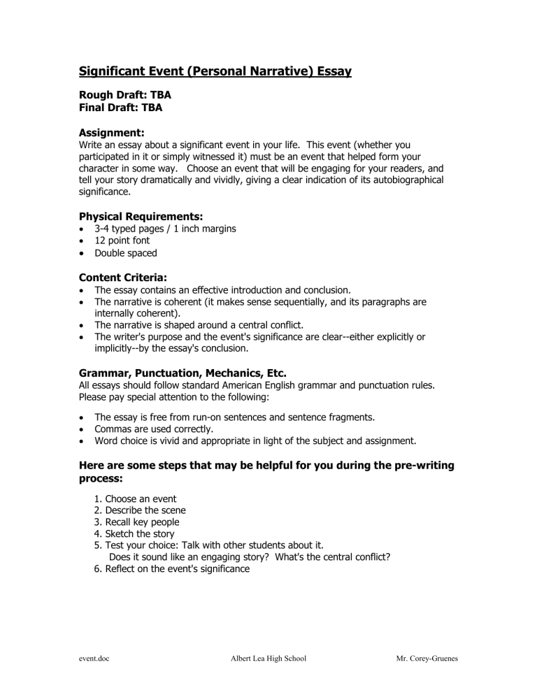 Significant Event Personal Narrative Essay Significant Event Personal Narrative Essay