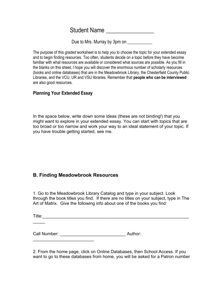 IB Extended Essay Topic Selection Worksheet IB Extended Essay Topic Selection Worksheet