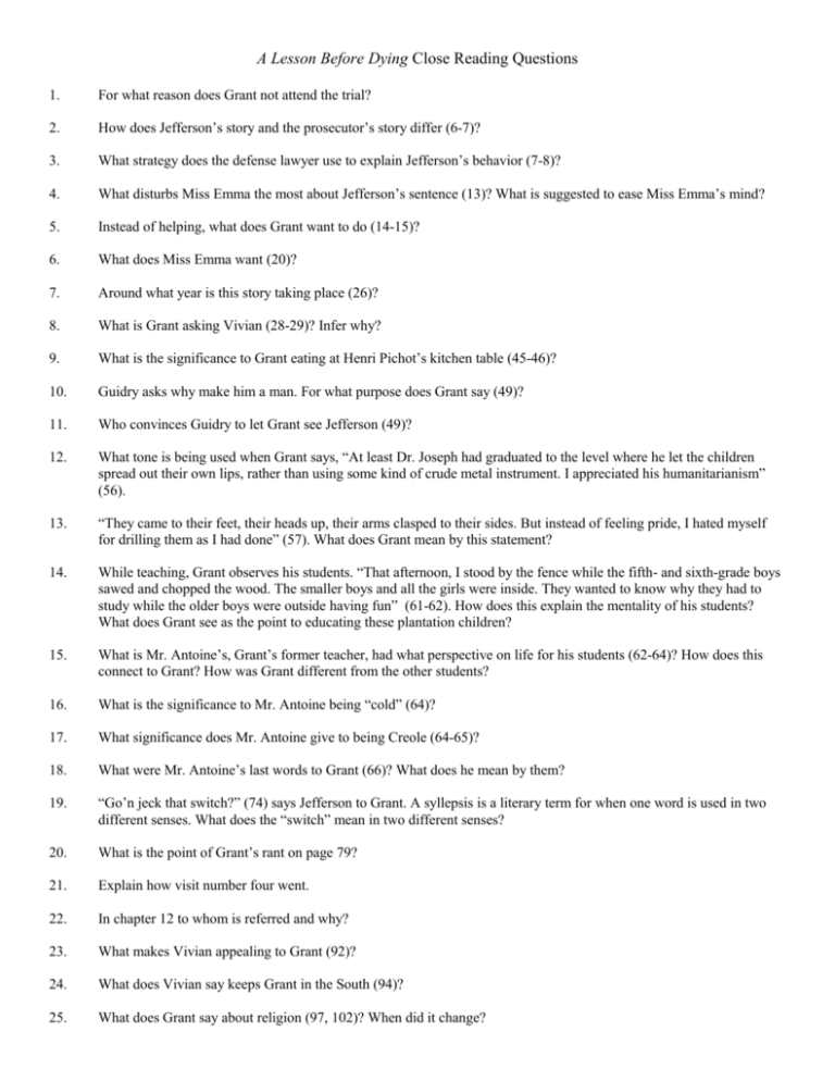 A Lesson Before Dying Close Reading Questions A Lesson Before Dying Close Reading Questions