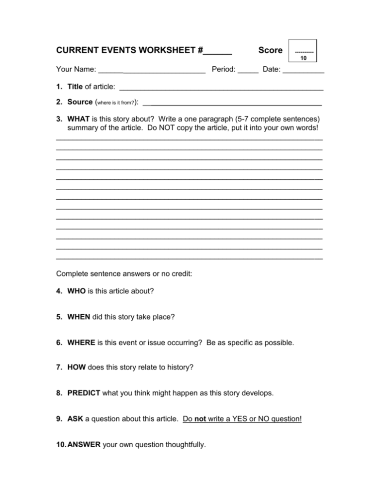 Current Events Worksheet Analyze News Articles Current Events Worksheet Analyze News Articles