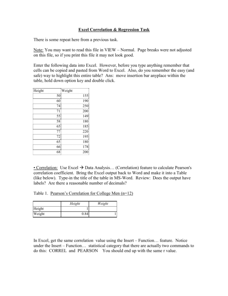 Excel Correlation Regression Task