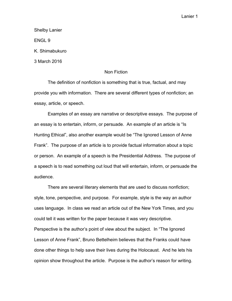 Non Fiction Essay doc ShelbyLanierWritingFolder