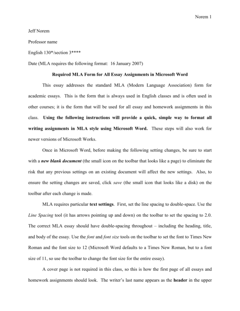 MLA Form In Microsoft Word Essay