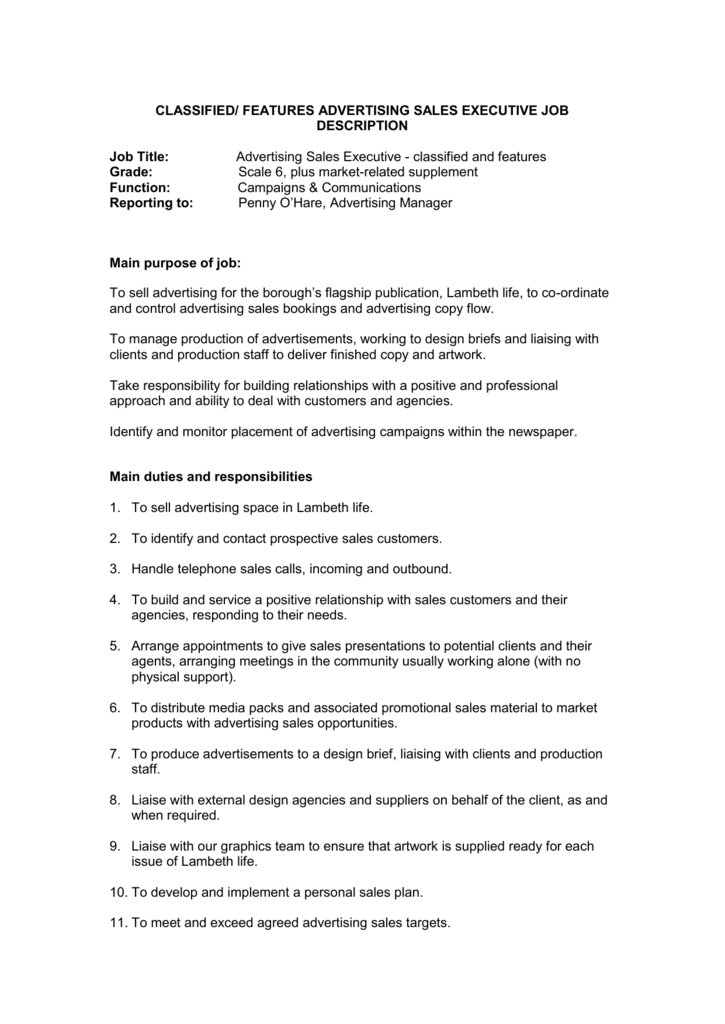 Classified Features Advertising Sales Executive Job Description