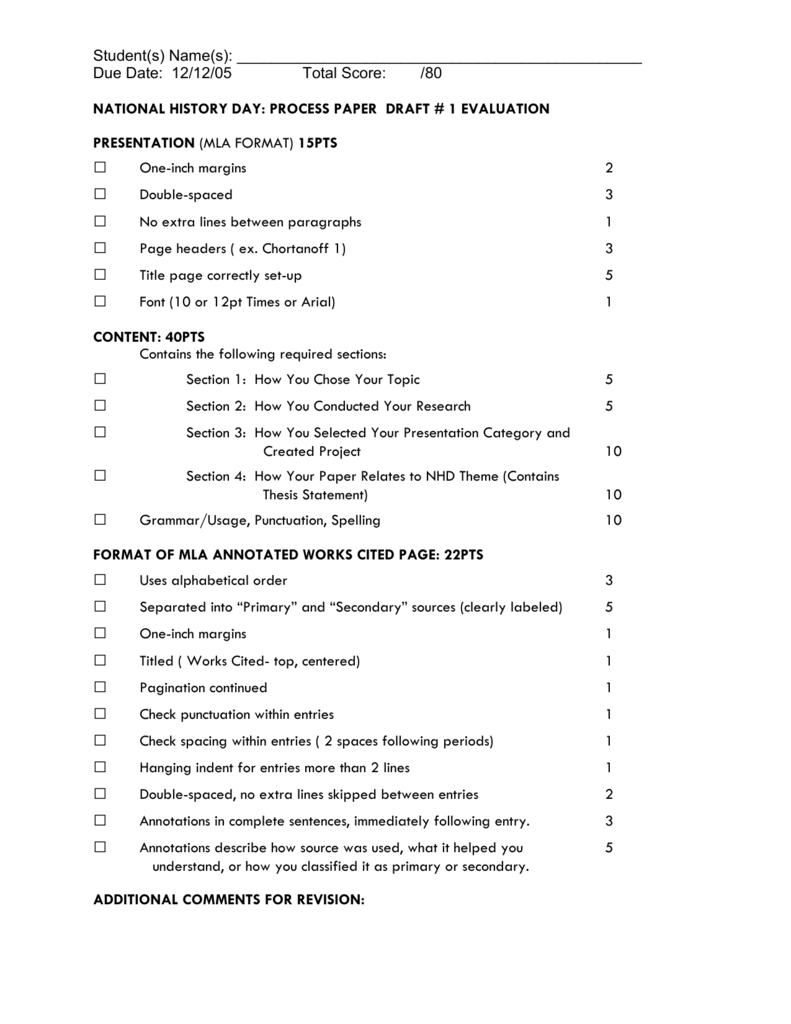 NHD Process Paper Rubric
