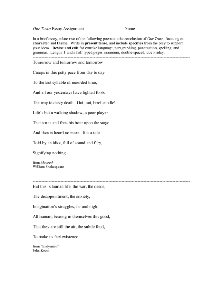 Our Town Writing Assignment