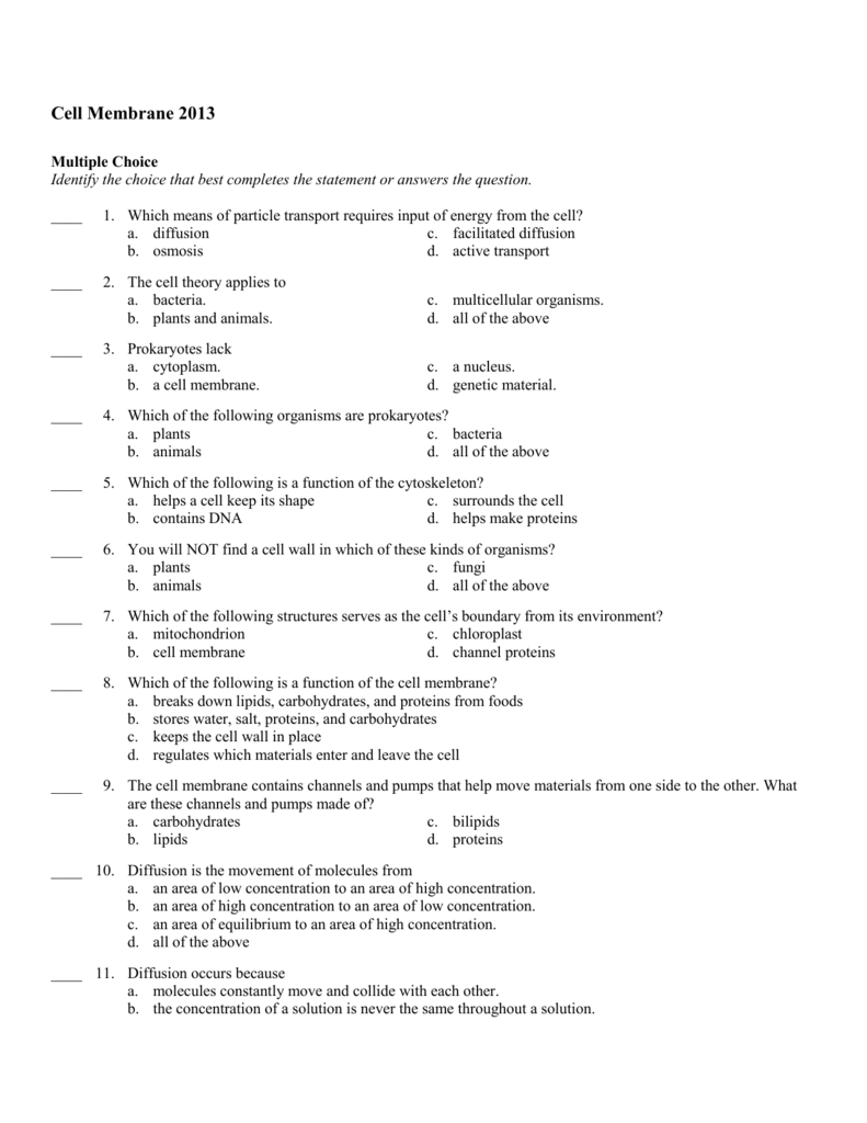 Cell Membrane Quiz 2013 doc Cell Membrane Quiz 2013 doc