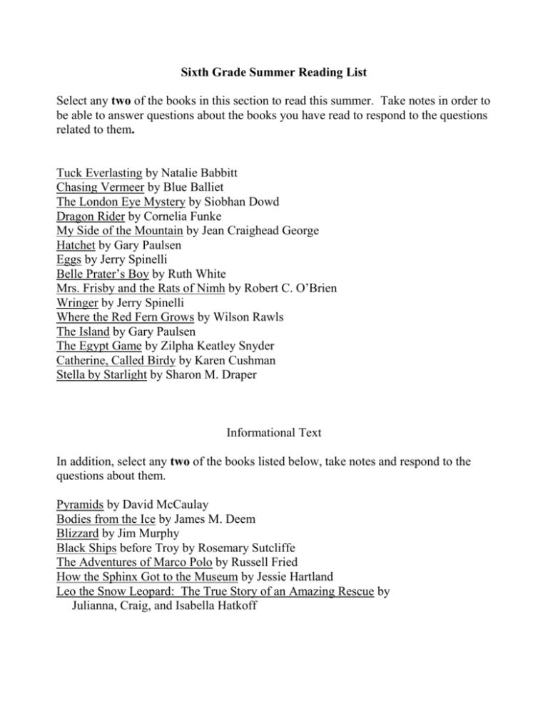 6th Grade Reading List