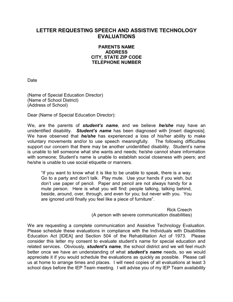 Letter Requesting Speech And AT Evaluations