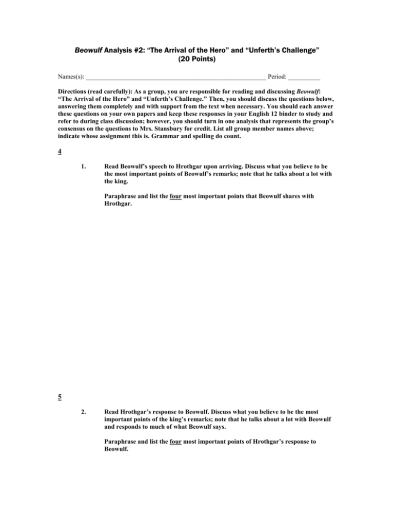 Beowulf Analysis 1 The Monster Grendel 20 Points 